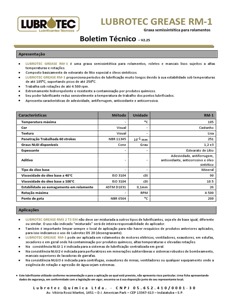 Lubrotec Grease RM 1 | PDF | Óleo de motor | Química