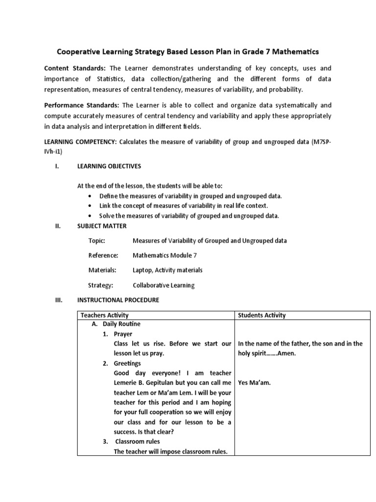 Cooperative Learning Based Learning Plan in Grade 7 Mathematics | PDF ...