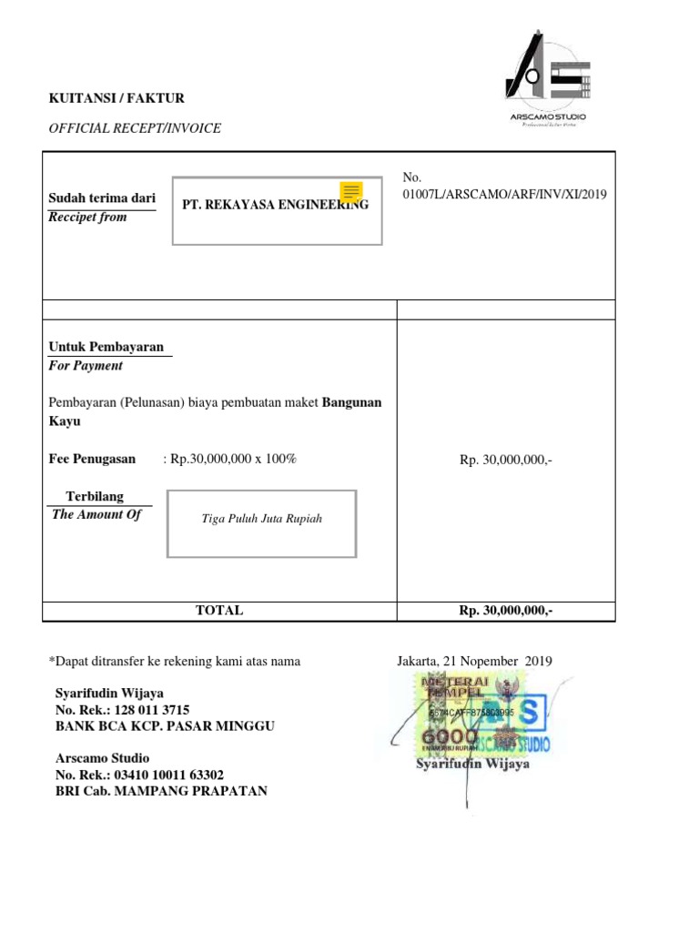 INVOICE Lunas Maket Bangunan Kayu - PT. Freyssinet Indonesia | PDF