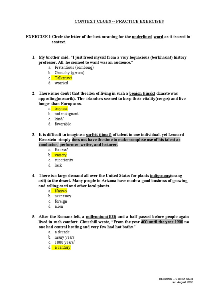 Context Clues Practice Exercises | PDF | Foreign Language Studies ...