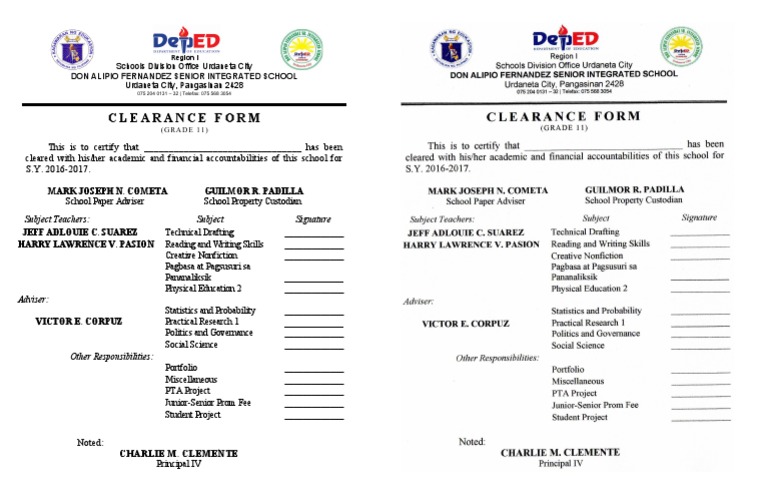 Clearance Form - Grade 11 | PDF