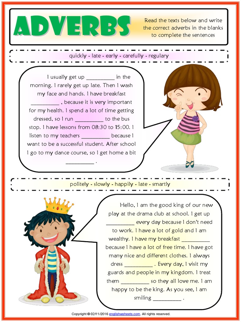 Adverbs Esl Grammar Gap Filling Exercise Worksheet For Kids | PDF
