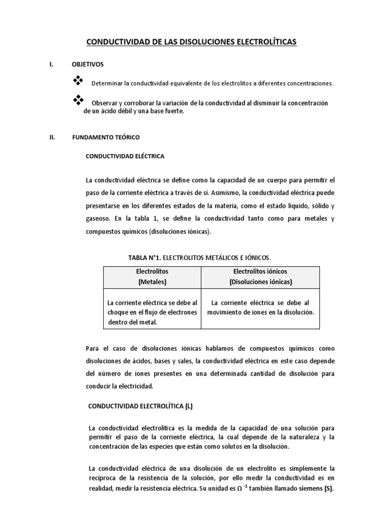 CONDUCTIVIDAD DE LAS DISOLUCIONES ELECTROLÍTICAS Claudia | PDF | Electrólito | Concentración