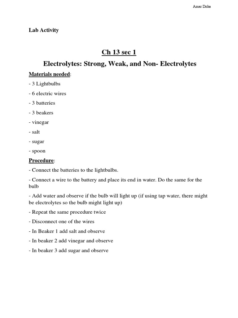 CH 13 Sec 1 Electrolytes: Strong, Weak, and Non-Electrolytes | PDF