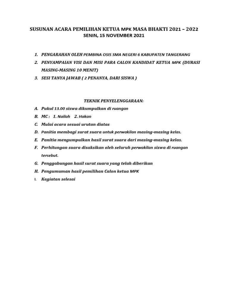 Susunan Acara Pemilihan Ketua Dan Wakil Ketua Osis | PDF Susunan Acara Pemilihan Ketua Dan Wakil Ketua Osis | PDF