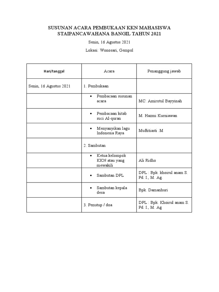 Susunan Acara Pembukaan KKN | PDF