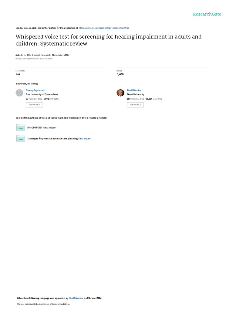 Whispered Voice Test For Screening For Hearing Imp | PDF | Sensitivity ...