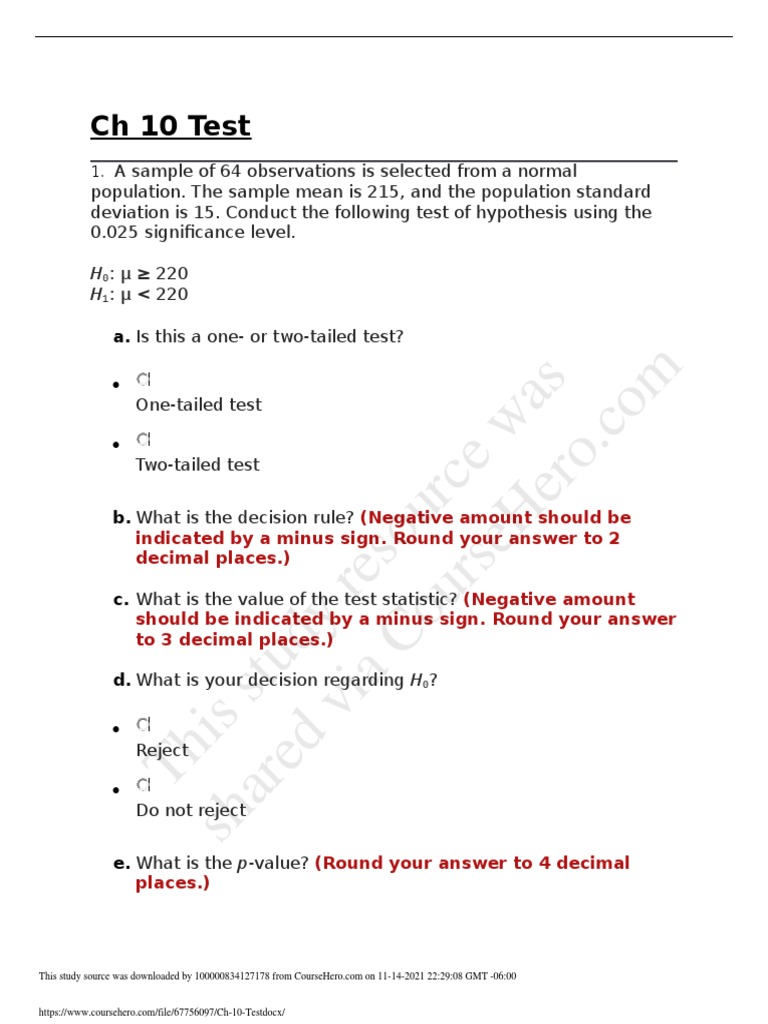 CH 10 Test | PDF | P Value | Statistical Significance