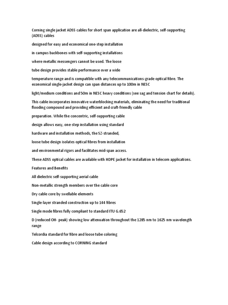 Corning Single Jacket ADSS Cables For Short Span Application Are All ...