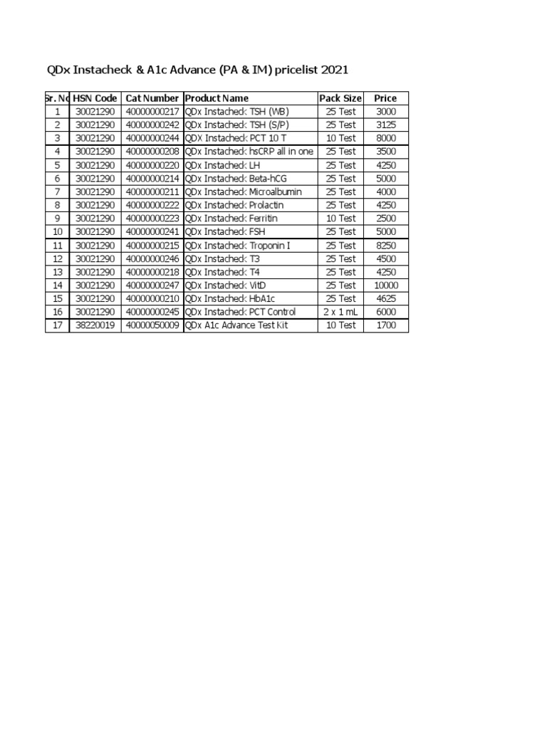 QDx Instacheck & A1c Advance Price List | PDF