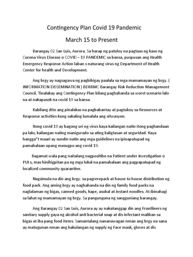 Contingency Plan Covid 19 Pandemic | PDF