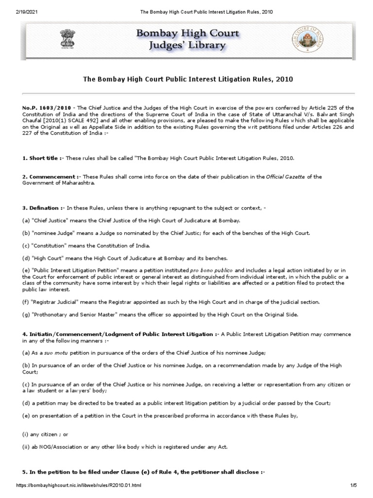The Bombay High Court Public Interest Litigation Rules, 2010 | PDF ...