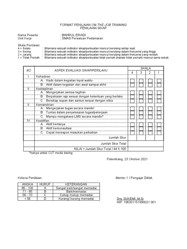 Format Penilaian Sikap Ojt 1 | PDF