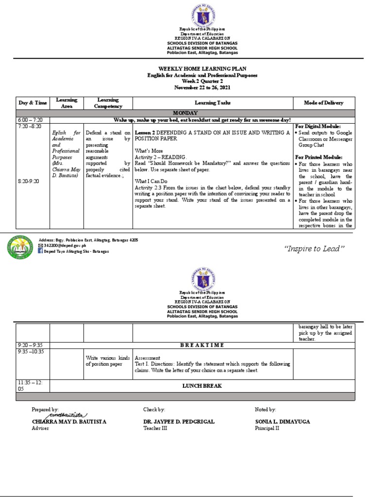 Weekly Home Learning Plan Q2 WEEK2 EAPP Nov. 22 To 26 2021 | PDF | Communication | Education Theory