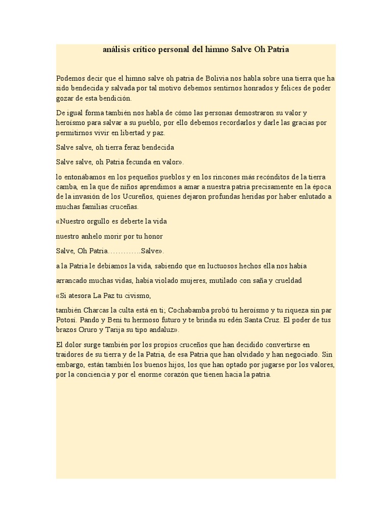 Análisis Crítico Personal Del Himno Salve Oh Patria (MUSICA) | PDF