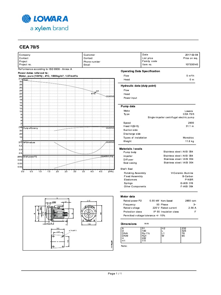 Lowara Cea 70 5 Data Sheet | PDF | Pump | Machines
