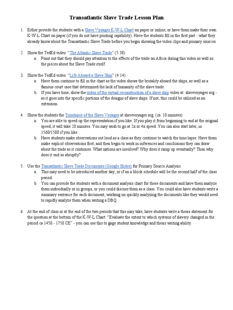 Transatlantic Slave Trade Lesson Plan: Slave Voyages K-W-L Chart | PDF ...