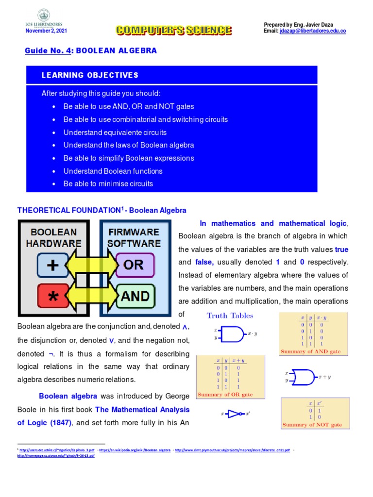 Learning Objectives: Guide No. 4: Boolean Algebra | PDF | Boolean ...