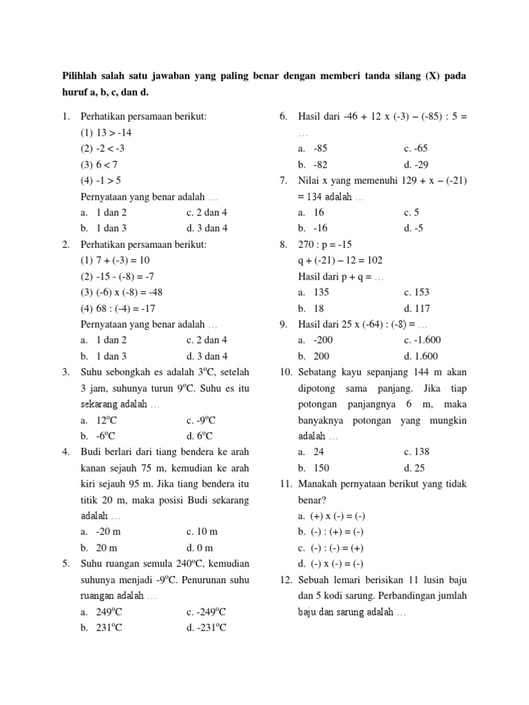 Bank Soal PAS Matematika Kelas VII Semester 1 | PDF