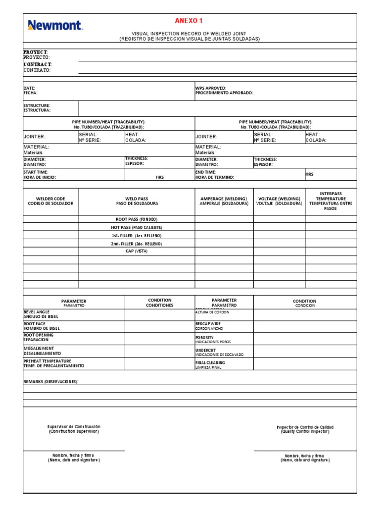 Anexo 1. - Reporte de Inspeccion Visual de Soldadura | PDF ...