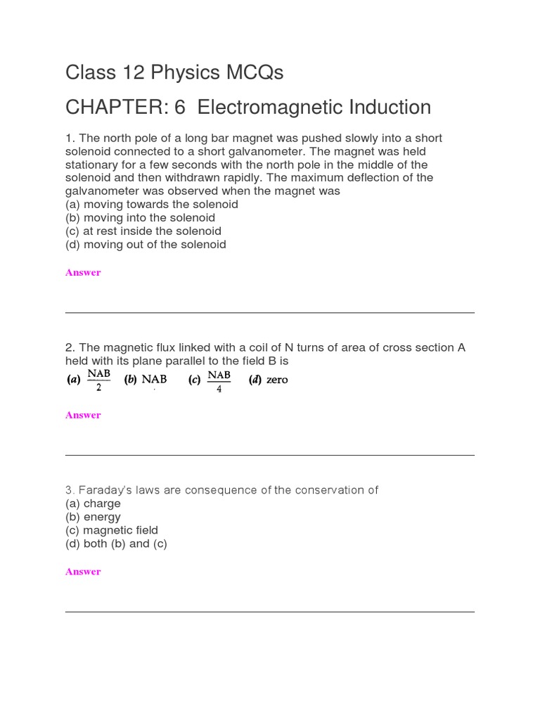 Class 12 Physics Mcqs Chapter: 6 Electromagnetic Induction: Answer ...