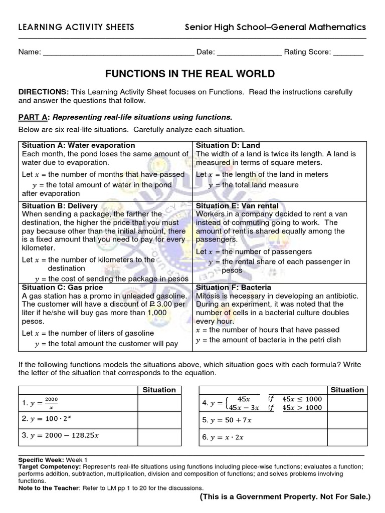 Senior High School Functions Learning Activity Sheets | PDF | Equations ...