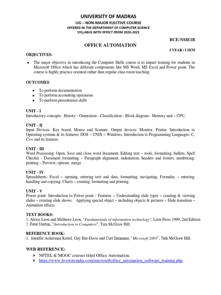 Office Automation Syllabus - Madras University | PDF | Computers