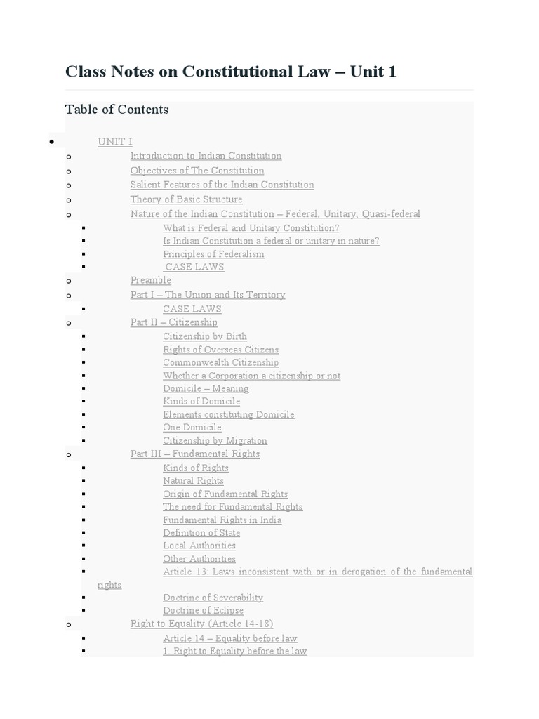 Class Notes On Constitutional Law Unit 1 | PDF | Constitution | Citizenship