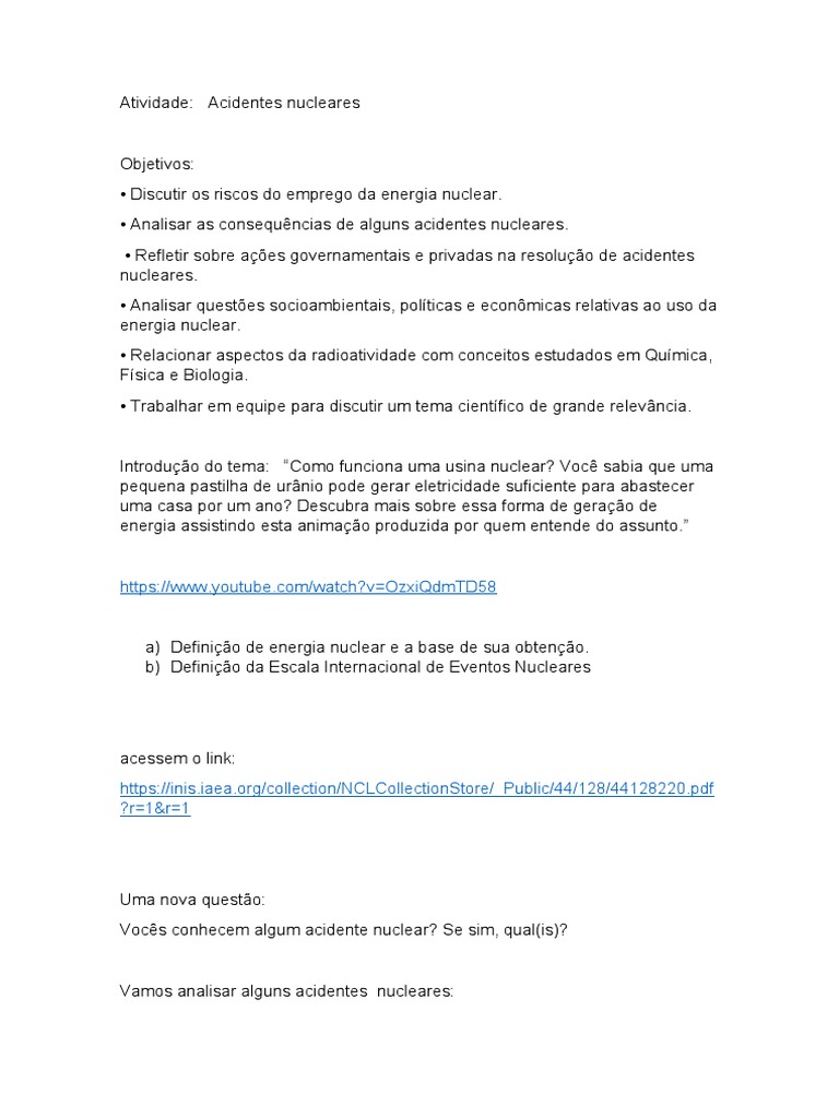 Atividade Acidentes Nucleares | PDF | Potência nuclear | Acidentes e ...