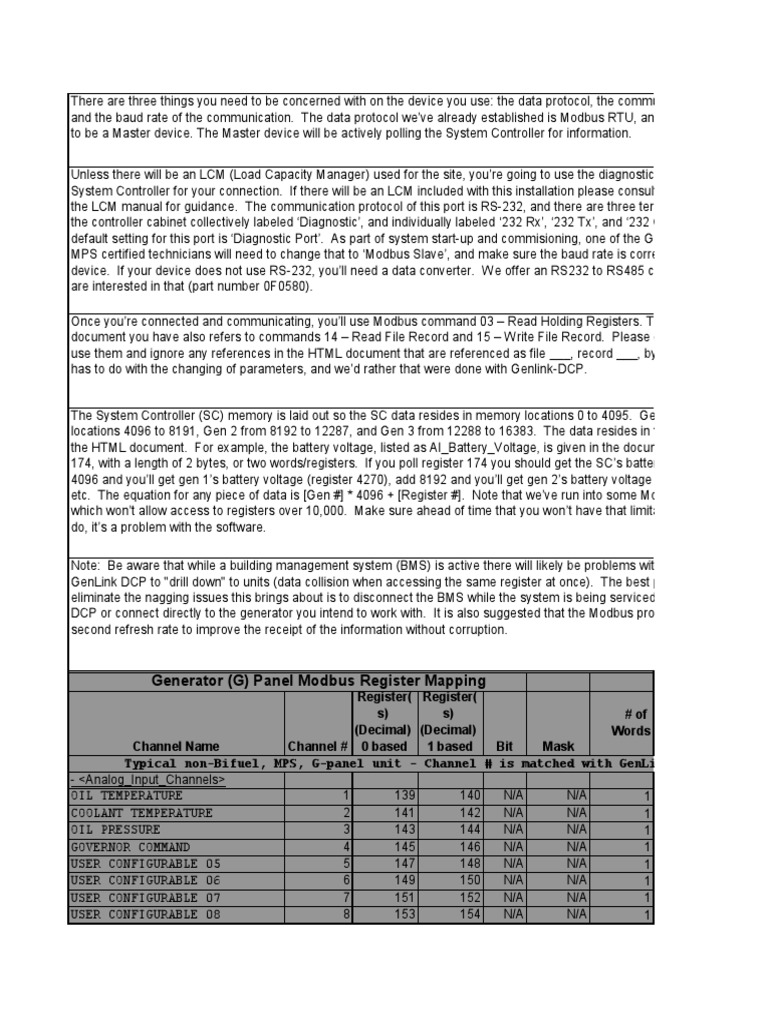 Generator (G) Panel Modbus Register Mapping | PDF | Electrical ...