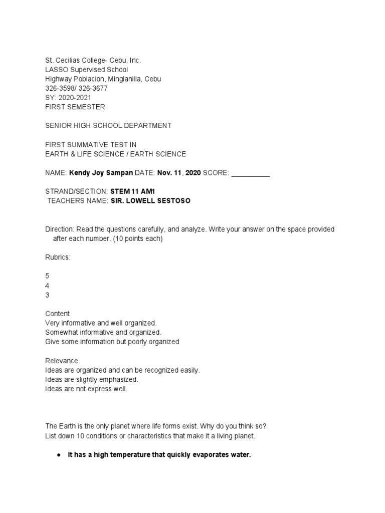 Earth Science Summative Test 2020 | PDF | Earth | Soil