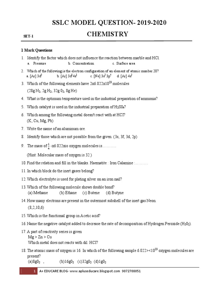 SSLC MODEL QUESTION-2019-2020 Chemistry: 1 Mark Questions | PDF ...