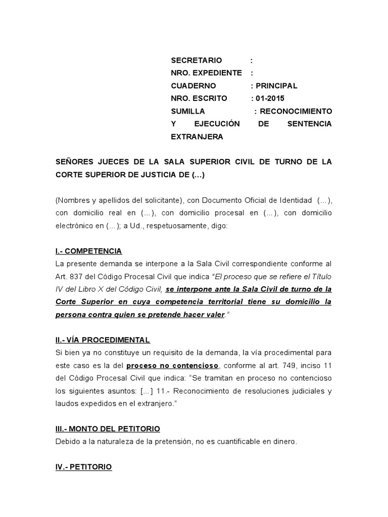 Modelo de Exequatur | PDF | Sentencia (ley) | Demanda judicial
