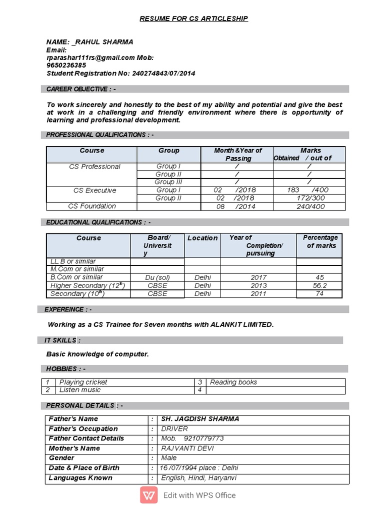 Template of Resume For CS Trainee | PDF | Cognition | Learning