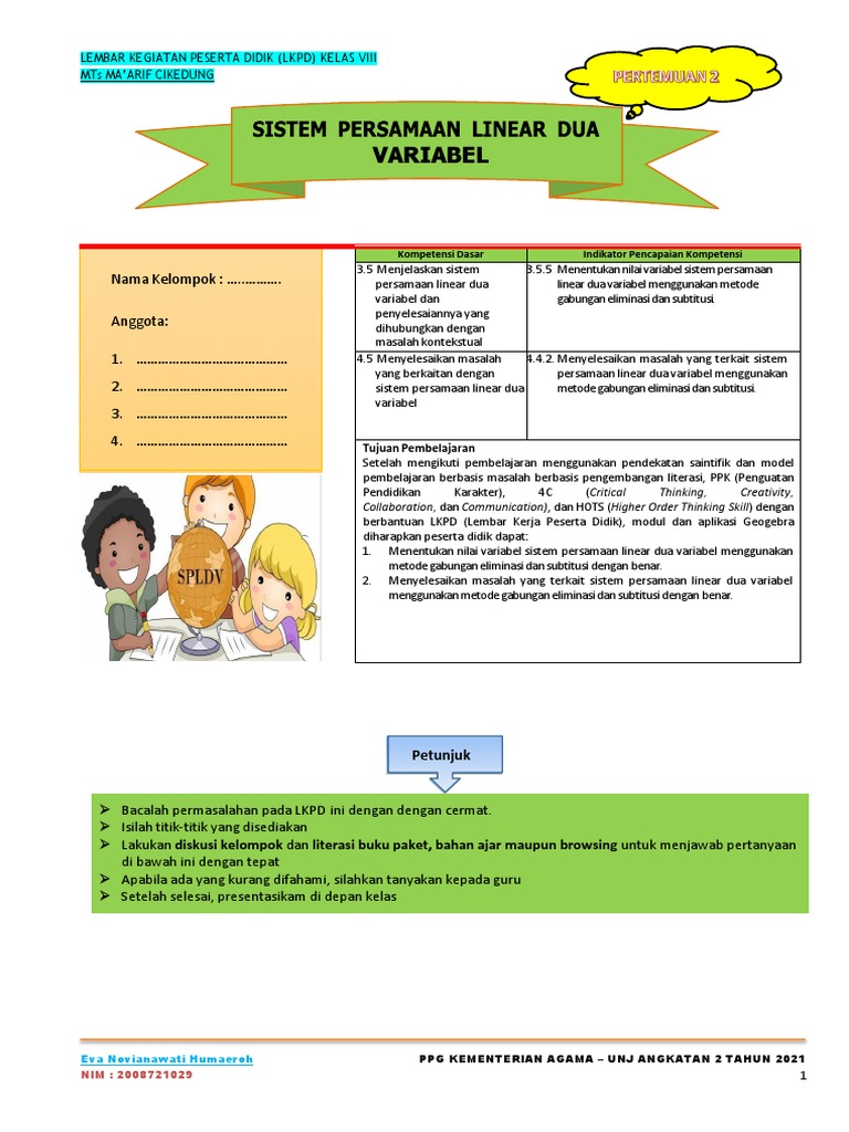 Peer Teaching - LKPD SPLDV Untuk Siswa - Eva Novianawati H. | PDF