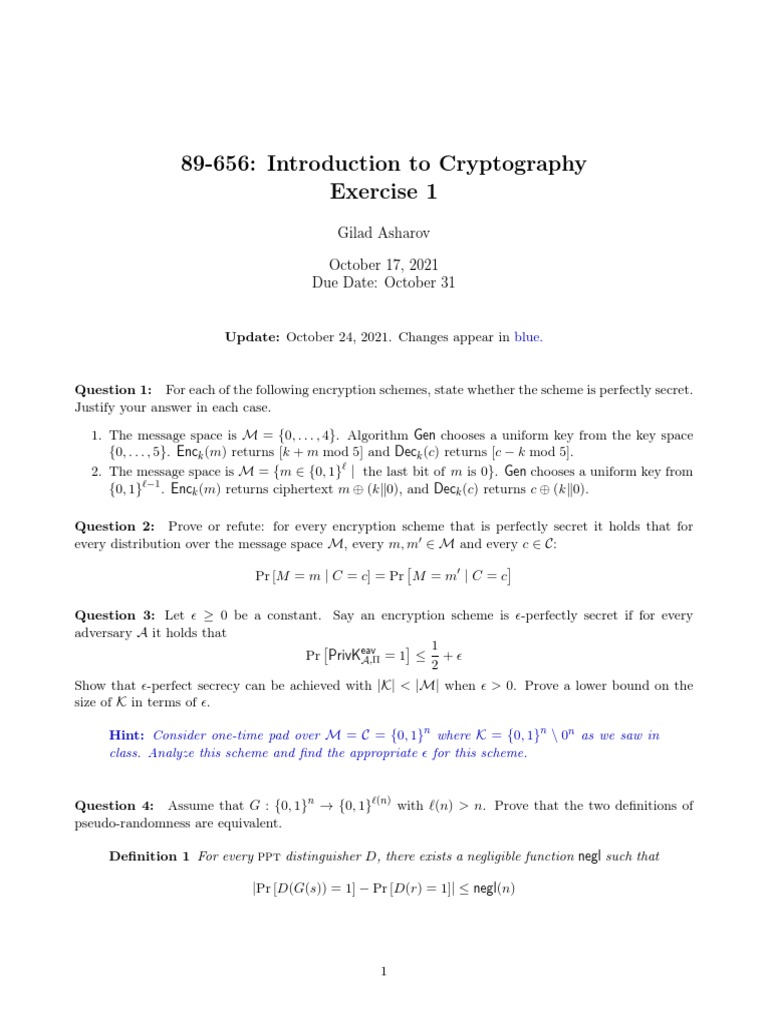 89-656: Introduction To Cryptography Exercise 1: Gilad Asharov October ...