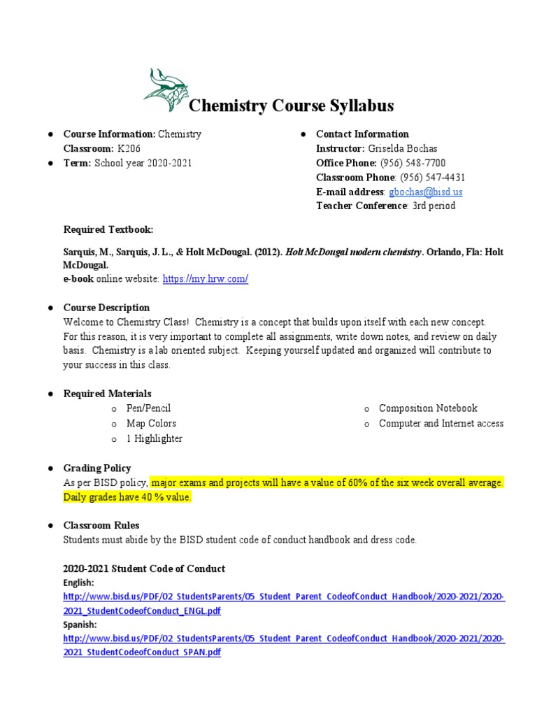 Chemistry Course Syllabus 2020-2021 | PDF | Academic Dishonesty | Teachers