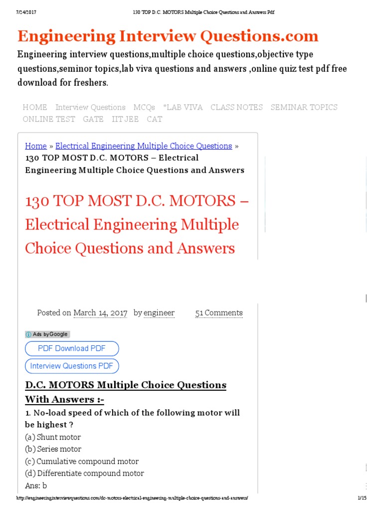 130 Top Most D.C. Motors - Electrical Engineering Multiple Choice ...
