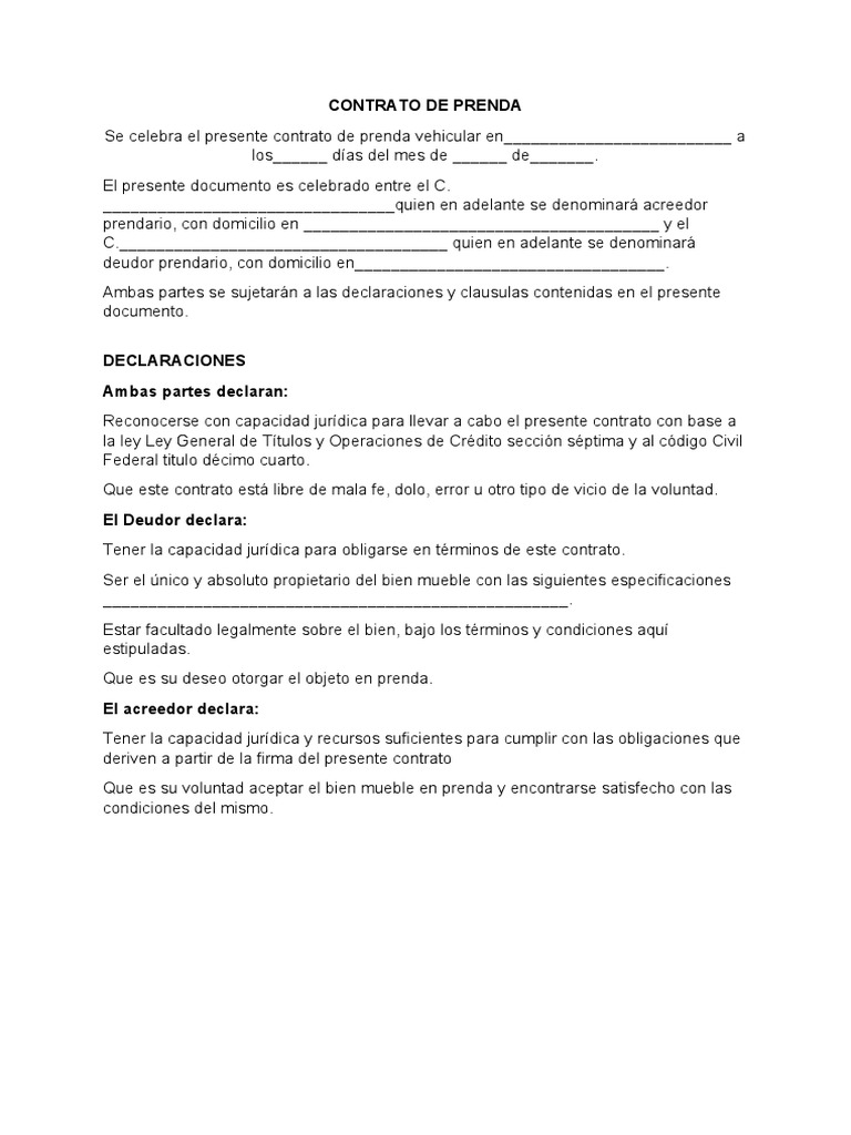 Contrato de Prenda | PDF | Pagos | Derecho civil (sistema legal)