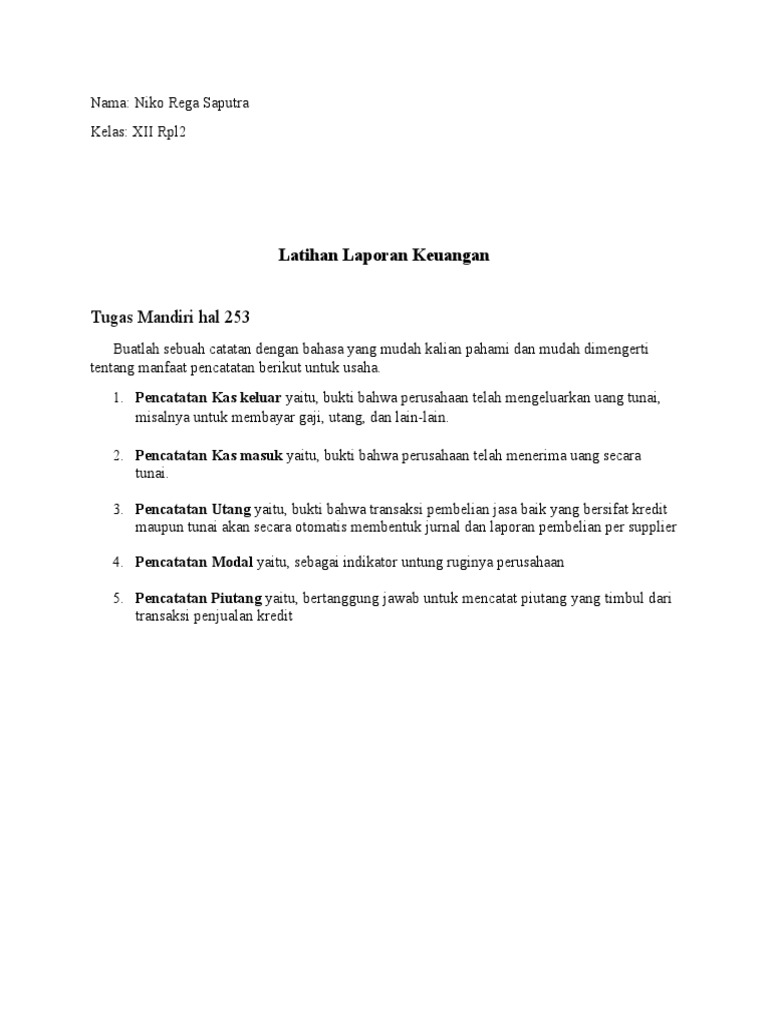 Latihan Laporan Keuangan (Niko Rega Saputra) | PDF