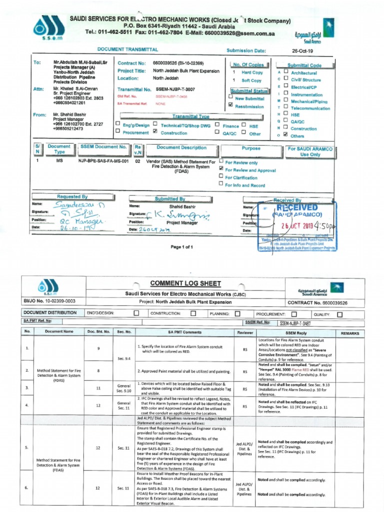 3607 Vendor (SAS) Method Statement For Fire Detection & Alarm System (FDAS) | PDF