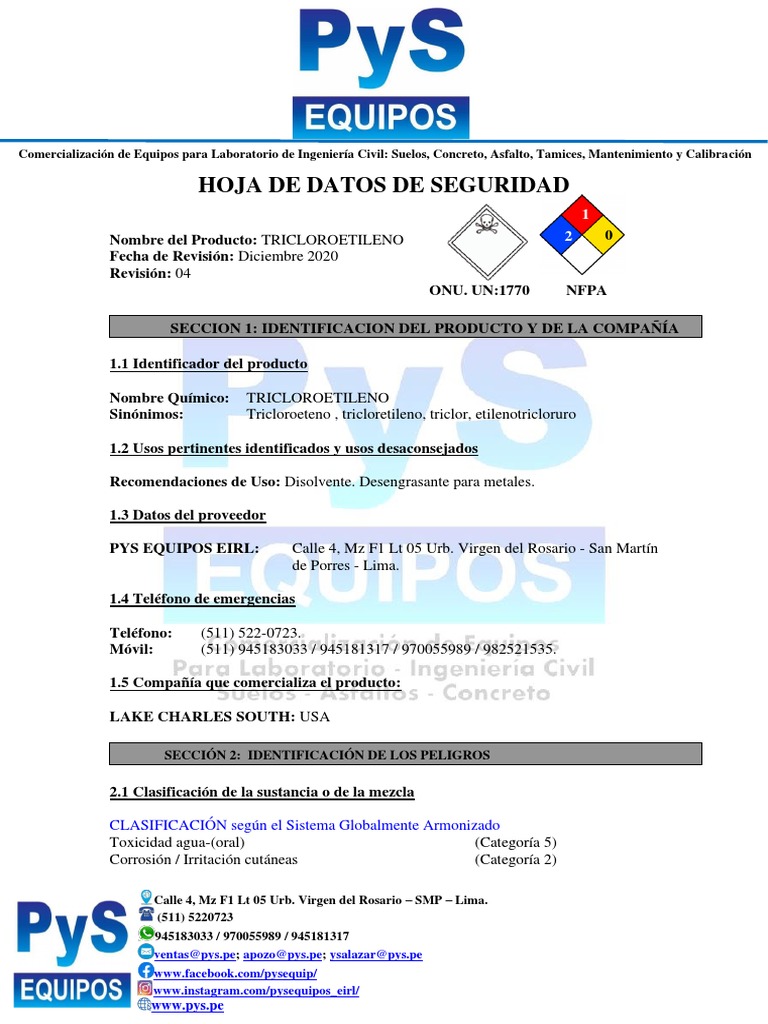 Hoja de Seguridad MSDS - Tricloroetileno | PDF | Agua | Residuos