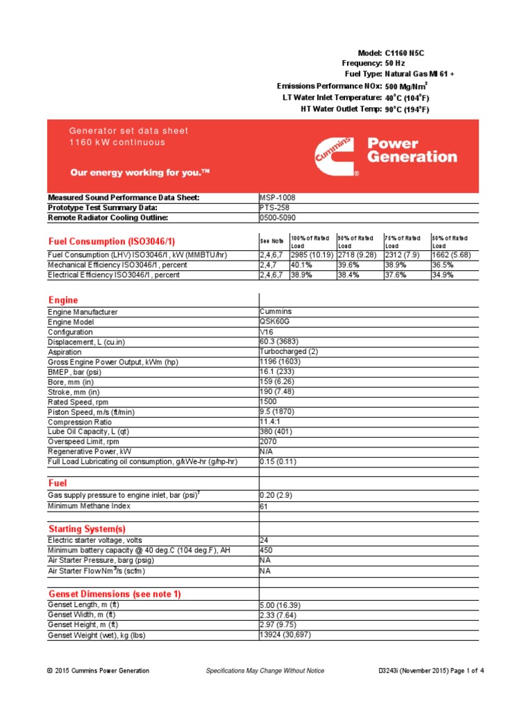 Generator Set Data Sheet 1160 KW Continuous: Fuel Consumption (ISO3046 ...