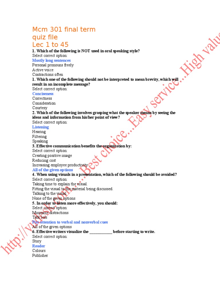 MCM 301 Finaltermmcqs 145 | PDF | Nonverbal Communication | Speech