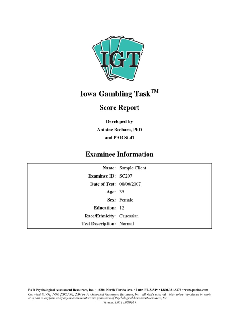 Iowa Gambling Task: Score Report | PDF | Psychological Evaluation ...