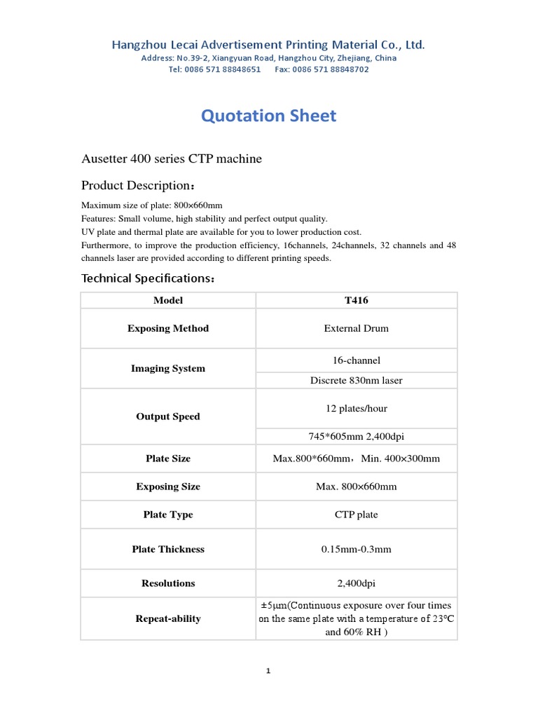 Ausetter 400 Series CTP Machine Quotation Sheet 20201216 | PDF | Fax | Usb