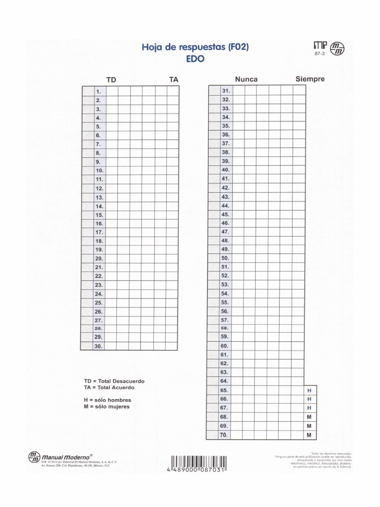Hoja de Respuestas Escala (EDO) (Ed. Manual Moderno) | PDF