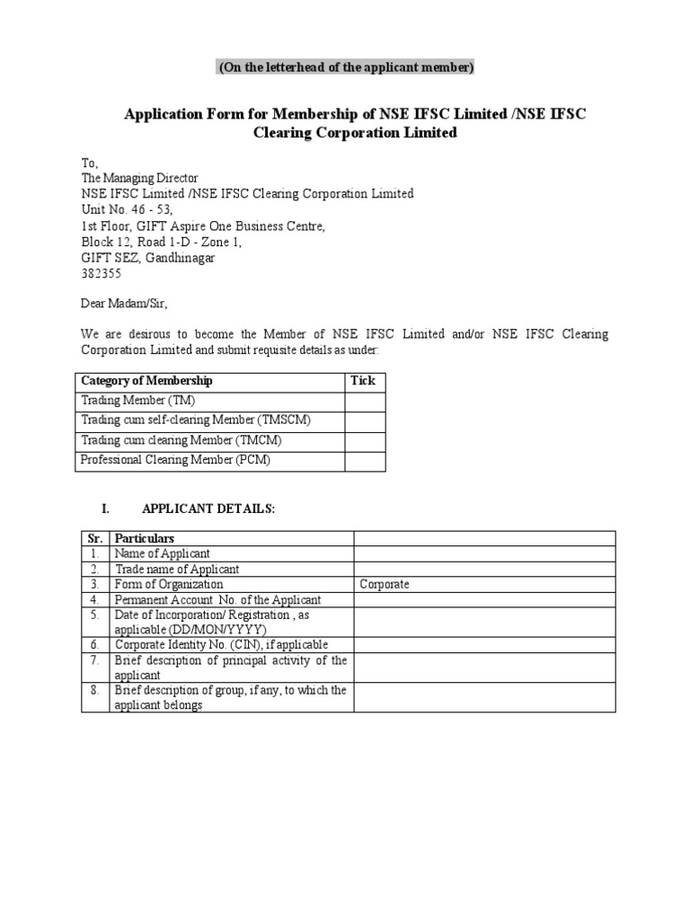 Application Form For Membership of NSE IFSC Limited /NSE IFSC Clearing ...