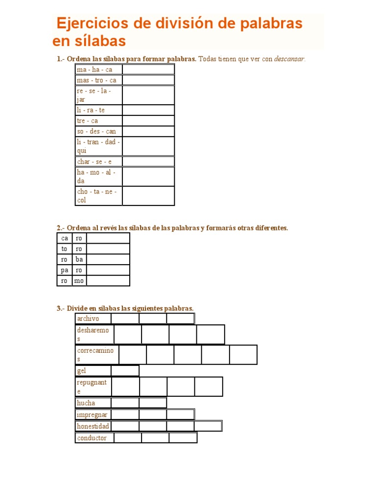 Separacion De Palabras En Silabas