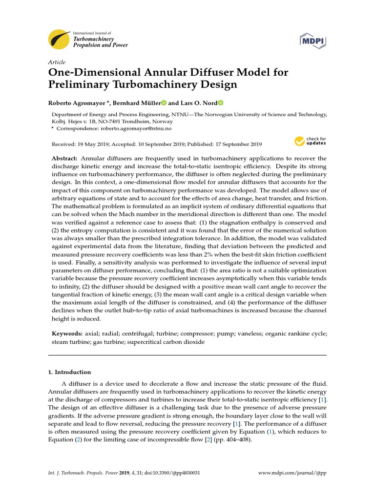 One-Dimensional Annular Diffuser Model For Preliminary Turbomachinery ...